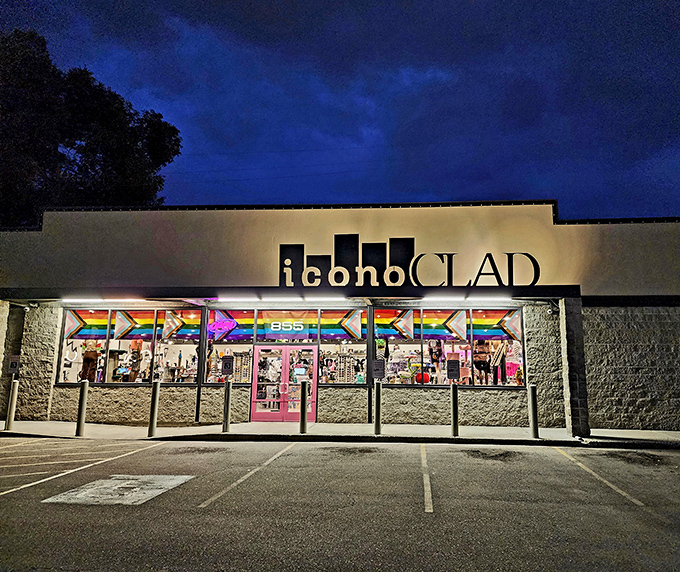IconoCLAD's nighttime glow transforms this thrift store into a rainbow-hued fashion wonderland after dark.