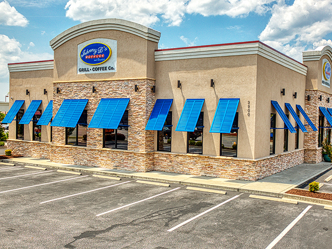 Johnny D's modern stone exterior might look fancy, but inside it's all about down-home waffle goodness.