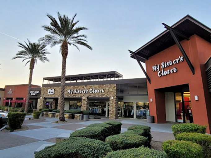My Sister's Closet at sunset &ndash; where palm trees and designer deals create the perfect Arizona shopping oasis.