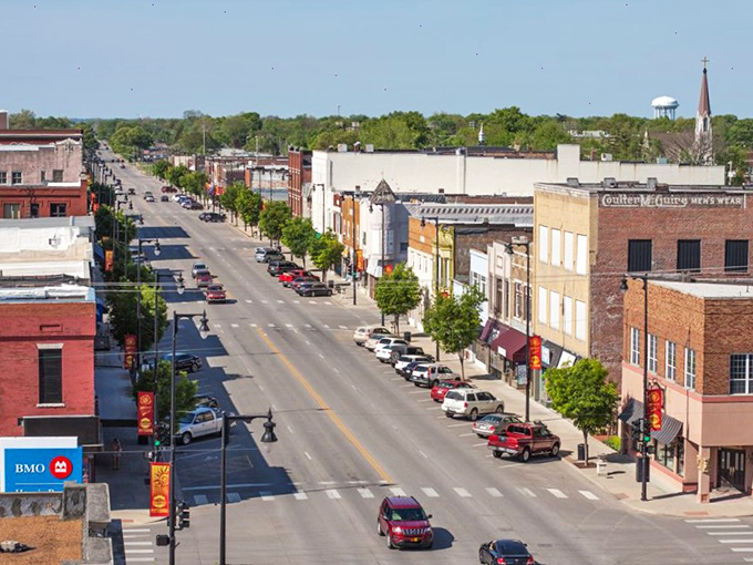 Pittsburg's impressive downtown stretches into the distance, offering affordable shopping, dining, and living options beneath these historic facades.