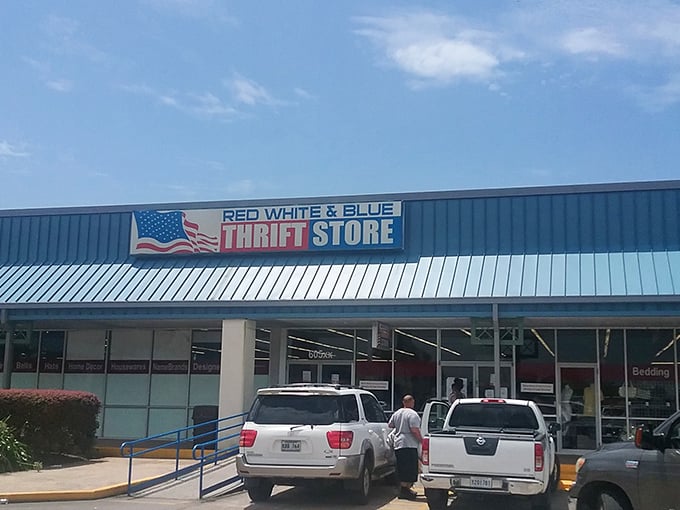 The patriotic banner waves proudly, beckoning bargain patriots to this beloved thrifting institution.