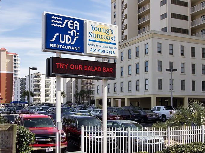 Sea N Suds' beachfront sign promises two things: seafood and suds. What more could a reasonable person possibly want?