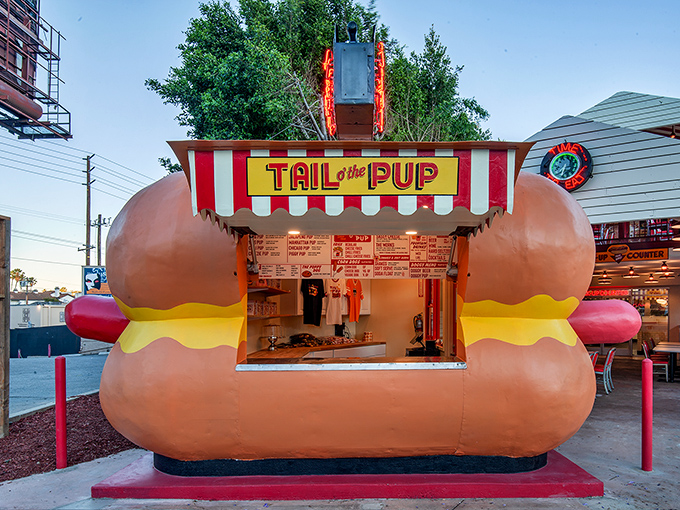 Tail o' the Pup's iconic hot dog-shaped stand is architectural whimsy that answers the eternal question: "Can buildings make you hungry?"