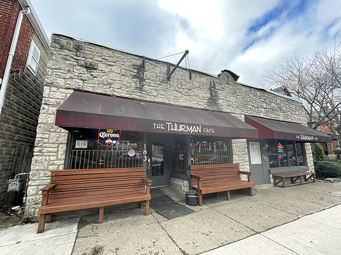 The Thurman Cafe's stone exterior gives no hint of the burger behemoths lurking inside. Talk about a plot twist!