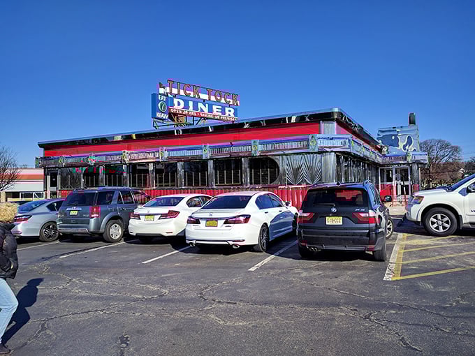 Tick Tock Diner daytime: The diner that time remembers! This neon-trimmed landmark has seen more late-night confessions than a priest.