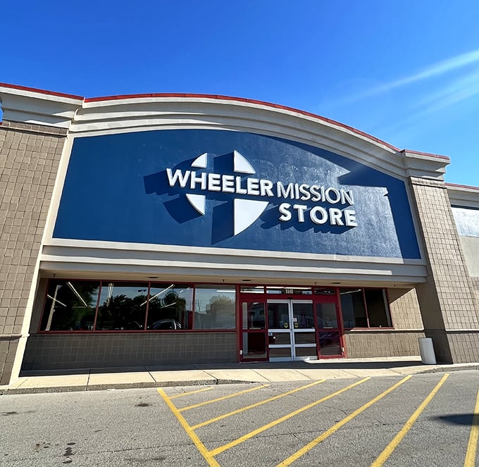 Wheeler Mission Store's bold blue signage promises a treasure trove within. The hunt for bargains starts at this unassuming entrance!