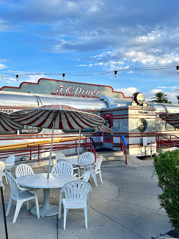 With its checkerboard trim and outdoor seating, 5 & Diner serves up nostalgia with a side of Arizona sunshine.