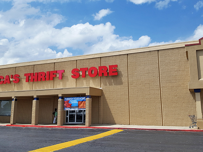 Even under cloudy skies, that bold red signage promises sunshine for your wallet &ndash; a bargain beacon in suburban Georgia.
