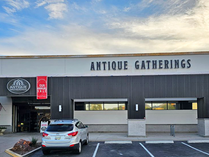 The annual sale banner at Antique Gatherings creates the same excitement as spotting a yard sale sign on a Sunday drive. Pure antiquing adrenaline!