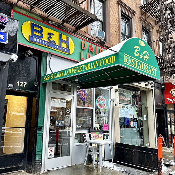 The narrow entrance to B&H Dairy is like a portal to comfort food heaven &ndash; where vegetarian dreams come true.