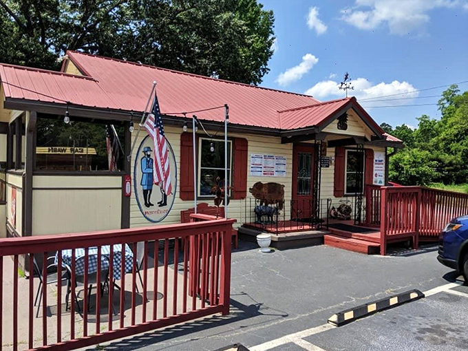 The American flag waves proudly outside Big Shanty, where patriotism and perfect ribs go hand in hand.