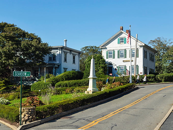 Classic white homes with American flags embody Chatham's coastal charm, where tradition meets sea breeze on tree-lined streets.