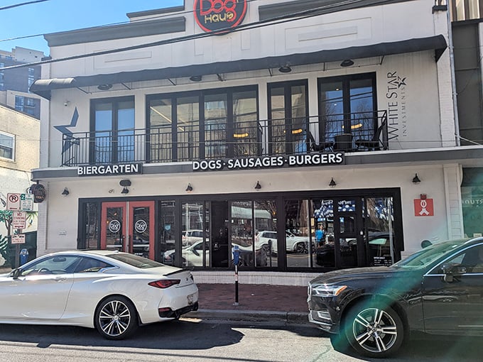 Two stories of hot dog heaven! Dog Haus Biergarten's sleek white building houses gourmet dogs that would make Wolfgang Puck proud.