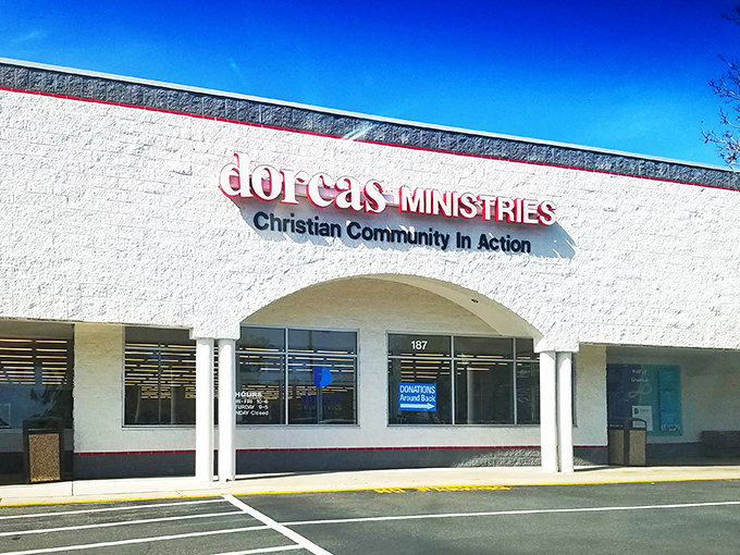 The welcoming entrance to Dorcas promises a well-organized thrifting adventure. No treasure map required!
