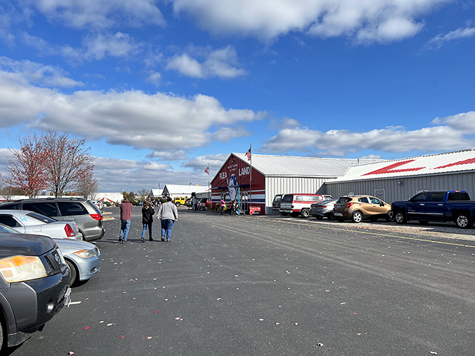 Blue skies, red building, green savings. Flea Land's sprawling complex could convert even the most reluctant shopper into a treasure hunter.