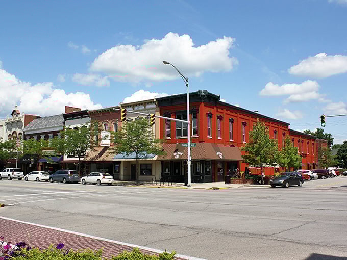 Bright blue skies complement the historic buildings of Goshen, a town where retirement dollars stretch like summer evenings.