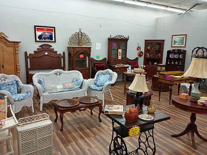 Vintage furniture wonderland. Inside Peddlers Mall, perfectly staged living room sets make you wonder if Don Draper might walk in any minute.