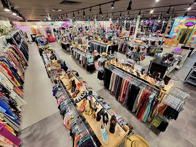 A bird's-eye view of IconoCLAD's interior reveals a kaleidoscope of color and carefully curated secondhand fashion.