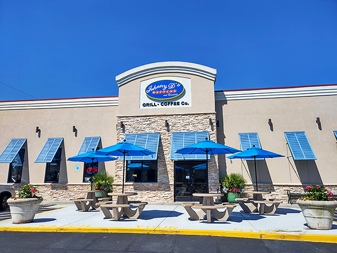 Those blue umbrellas aren't just for show &ndash; they're saving spots for smart folks who know where breakfast champions eat.