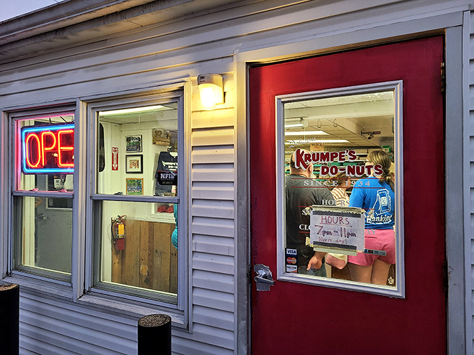 The humble exterior belies the after-dark magic happening inside. When the OPEN sign glows, Hagerstown's donut devotees appear like clockwork.