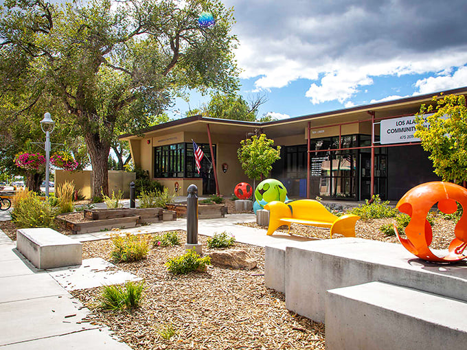 Colorful playground equipment brightens the Los Alamos community center, where affordable activities keep retirees engaged without breaking the bank.