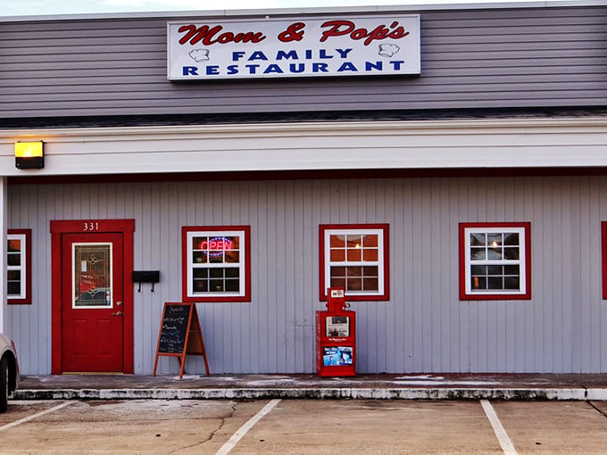 Mom & Pop's: That red door is like a portal to a world where pancakes are fluffy, bacon is crispy, and nobody's checking their phone.