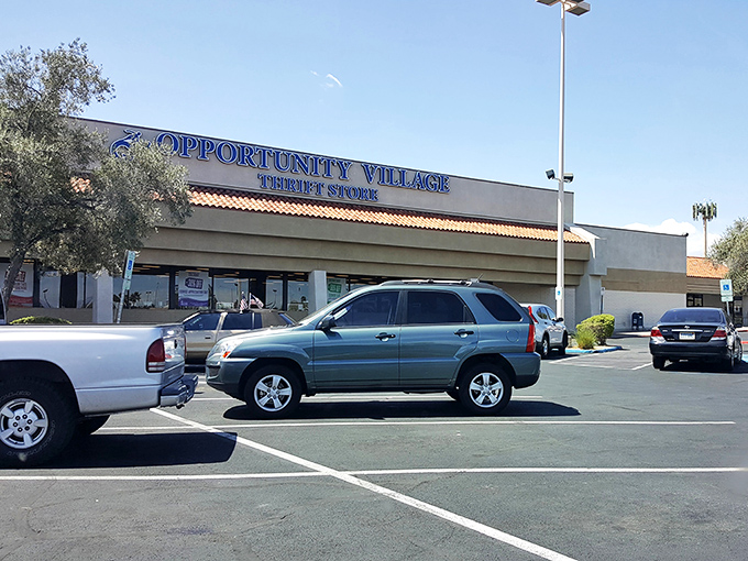 The desert sun highlights Opportunity Village's mission-driven approach to thrifting. Every purchase here tells two stories &ndash; yours and theirs.