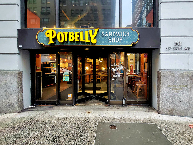 The revolving door entrance to Potbelly feels like a time portal to sandwich satisfaction.