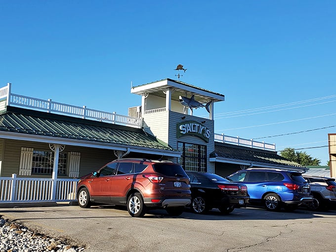 Salty's: Blue skies and busy parking lot&mdash;the universal sign of "get in here now!" This seafood spot clearly has a fanclub.