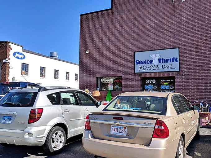 The parking lot doubles as an impromptu showroom, tempting passersby with furniture finds at Sister Thrift.