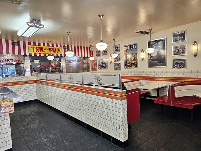 The retro-chic interior feels like stepping into a time machine where the destination is always delicious.