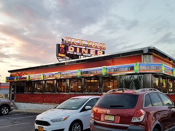 Tick Tock Diner at dusk: As day turns to night, the Tick Tock transforms from breakfast haven to twilight comfort zone. Disco fries taste better when they're glowing.