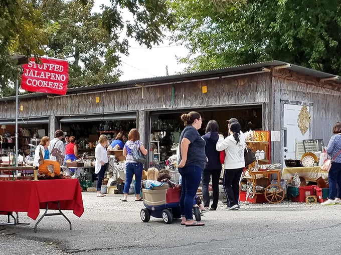 "Stuffed Jalape&ntilde;o Cookers" sign beckons hungry shoppers! Nothing fuels a day of bargain hunting like a spicy Texas snack break.