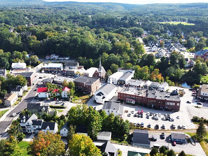 The aerial view of Tilton reveals a town nestled among trees that put on a spectacular show every autumn.