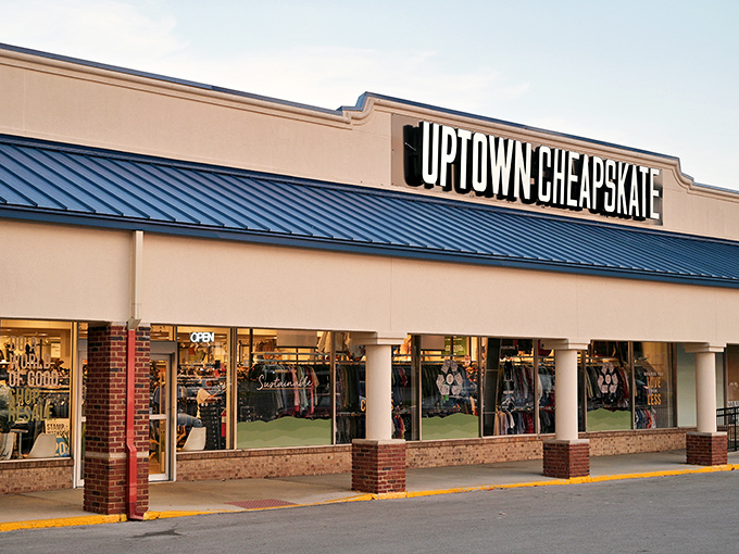 The clean lines and bright signage of Uptown Cheapskate promise a more curated thrifting experience than your average secondhand shop.