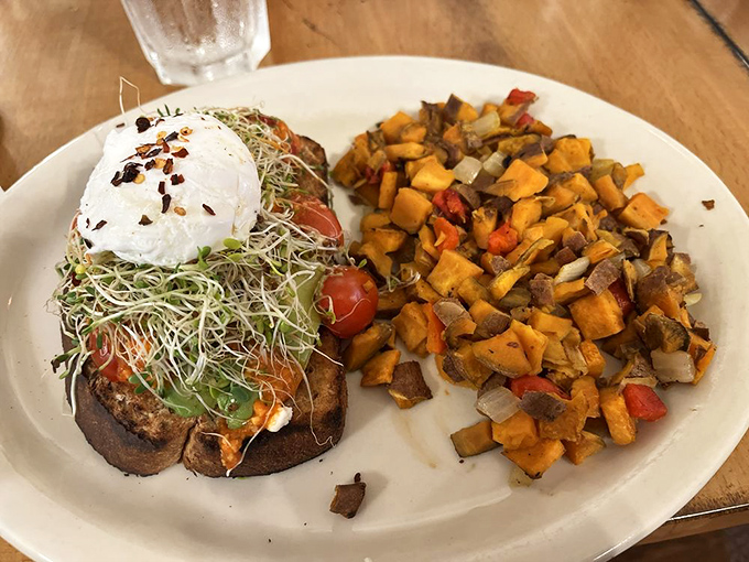 Avocado toast that makes millennials' housing decisions suddenly seem reasonable, paired with sweet potato hash that puts ordinary potatoes on notice.
