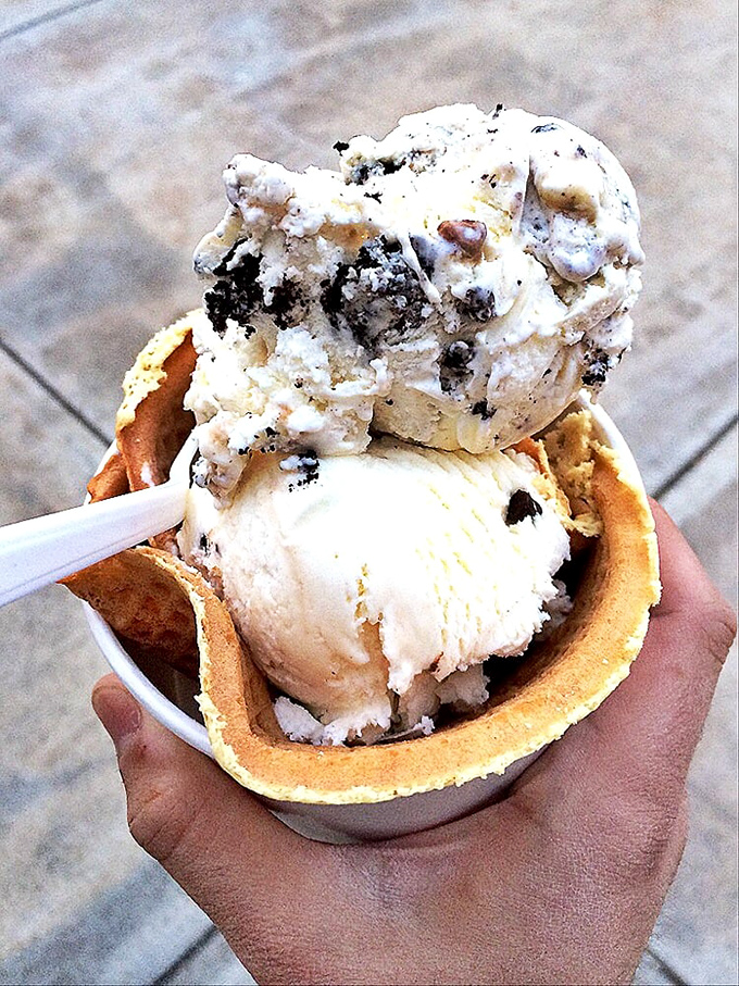 Two scoops of heaven nestled in a golden waffle cup. The kind of dessert that makes adults forget about adulting for a blissful moment.