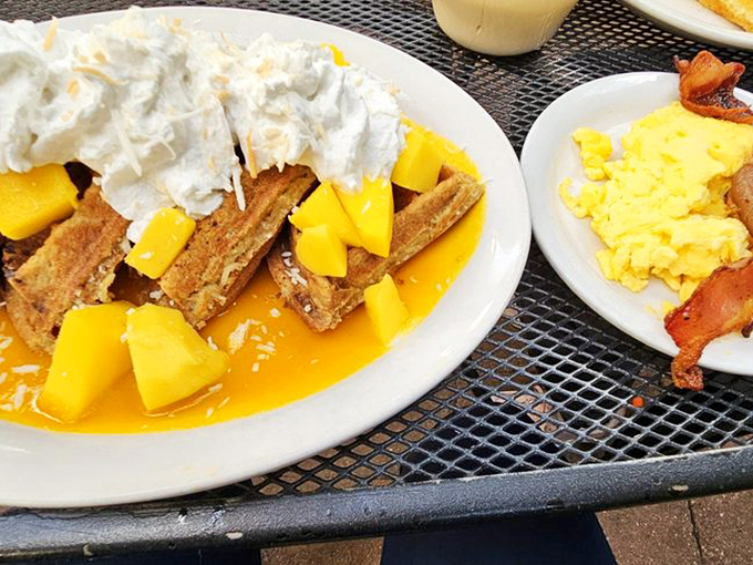 Tropical paradise meets breakfast staple—these mango-topped waffles deliver sunshine to your plate regardless of Albuquerque's weather forecast.