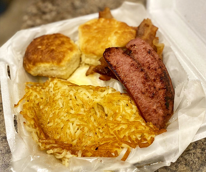Sunny-side up eggs, crispy hash browns, and a biscuit that could make your grandmother jealous. The breakfast trifecta of champions. 
