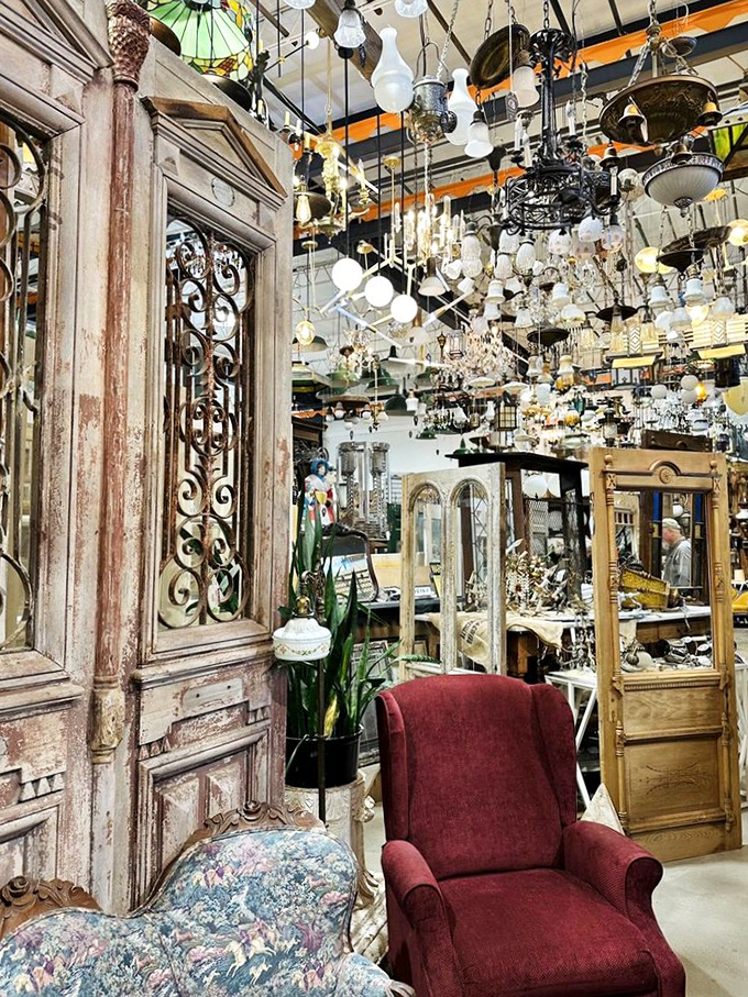 Chandeliers creating a ceiling galaxy of vintage lighting. One of these could transform your dining room from "meh" to Versailles-adjacent.