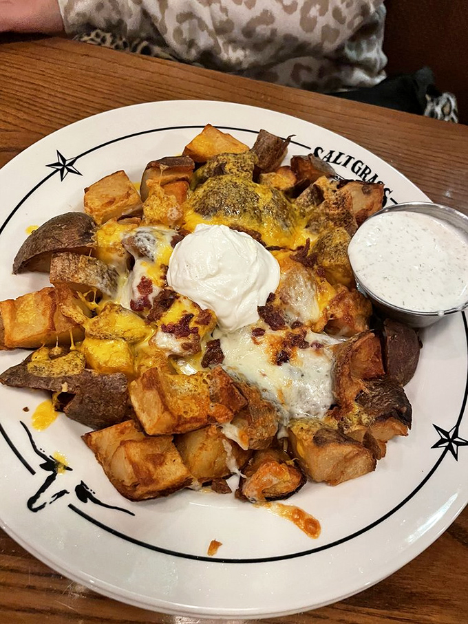 Potatoes achieving their highest purpose: smothered in cheese, bacon, and sour cream. Diet plans come here to die happy.