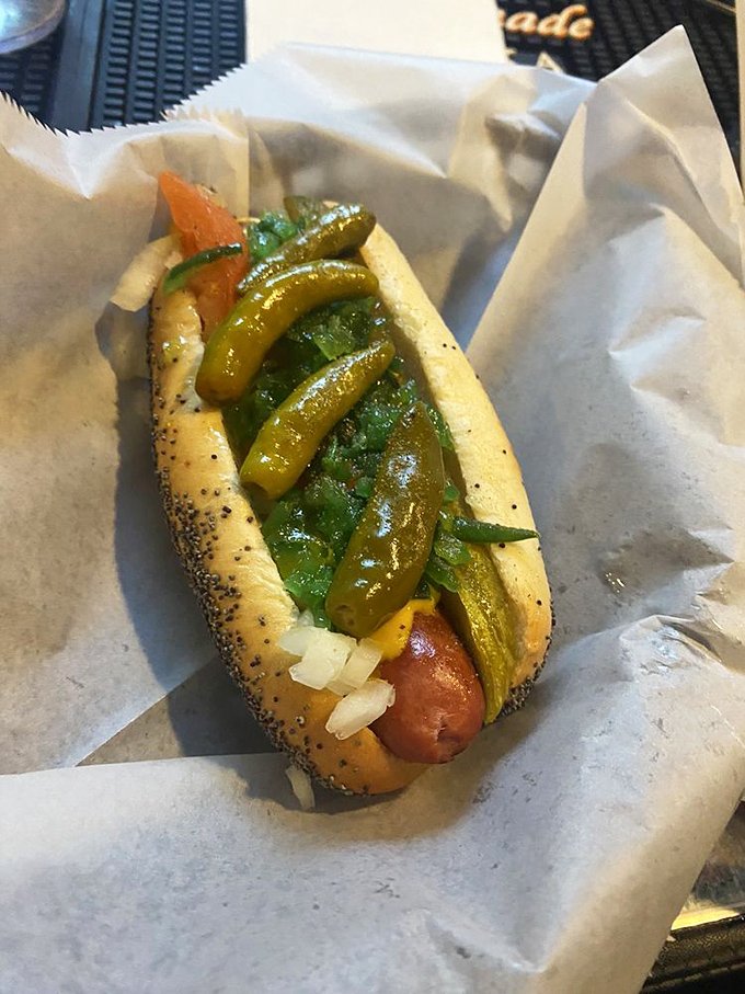 The Chicago dog arrives like a colorful parade in a bun &ndash; a celebration of toppings that somehow harmonize instead of starting a food fight.