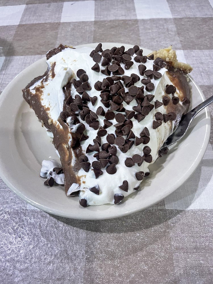 Chocolate cream pie with a snowfall of chocolate chips. If clouds were made of chocolate, this is what they'd taste like.
