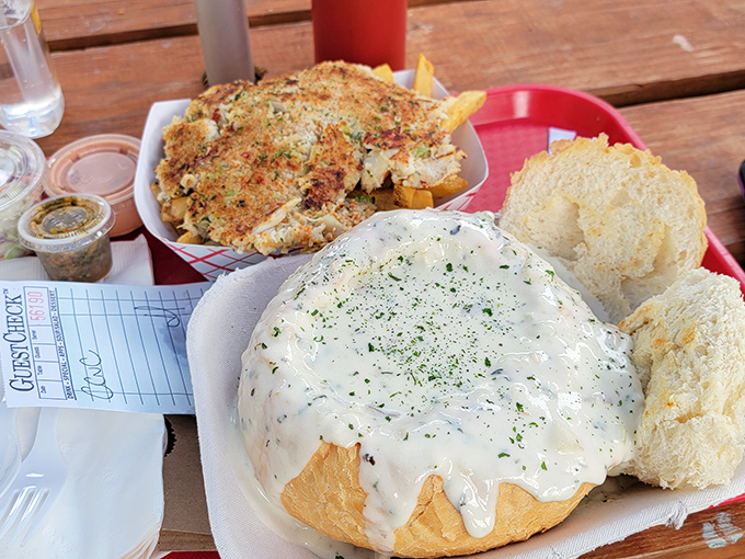 Bread bowl chowder: nature's edible dishware at its finest. Paired with that legendary crab cake, it's the coastal equivalent of winning the lottery.