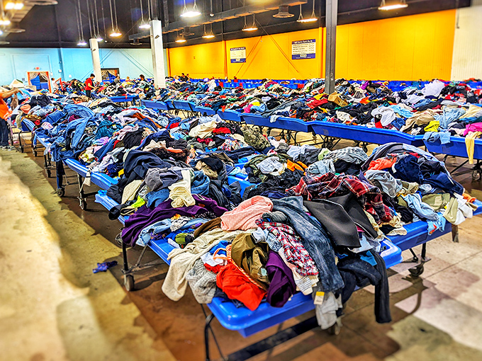 Textile mountain ranges stretch to the horizon. Each layer represents another fashion era, waiting to be excavated by determined style archaeologists.