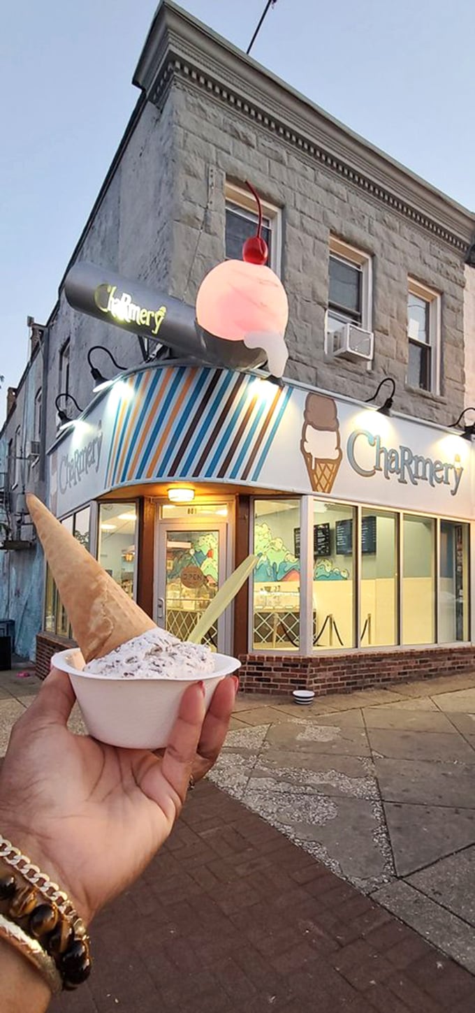 Ice cream architecture at its finest. That waffle cone cradles what might be the most photogenic scoop in Baltimore's dessert landscape.