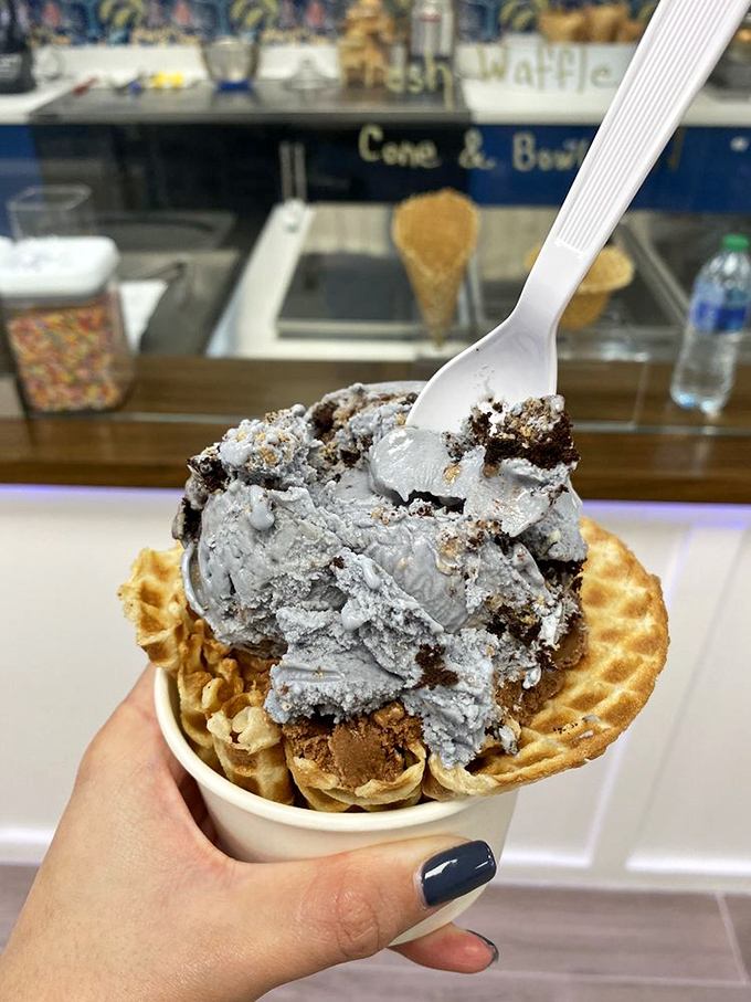 Ice cream on a waffle bowl&mdash;because sometimes the regular cone just won't cut it for this blue-hued masterpiece.