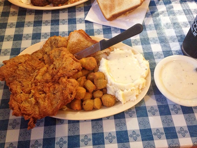 Country fried steak so perfectly crispy it makes a sound your cardiologist can hear from three counties away. Worth every bite.