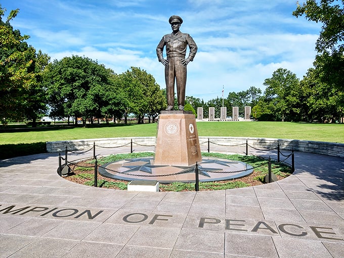 The Eisenhower statue stands sentinel in the "Garden of Peace," a fitting tribute to the Kansas boy who became a five-star general and president.