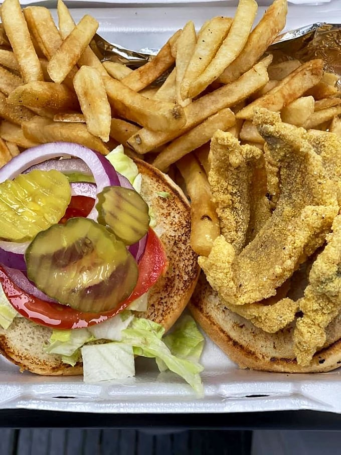 Southern comfort on a bun &ndash; golden cornmeal-crusted catfish with fresh veggies and fries that make fast food chains weep with inadequacy.